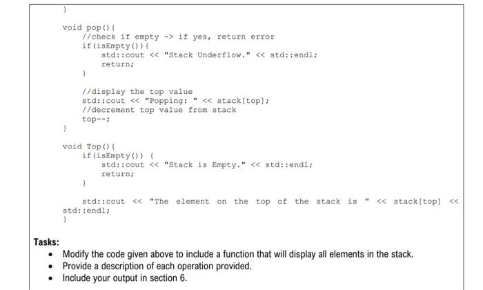 Solved 281 std: :cout ≪ "The element on the top of the stack | Chegg.com