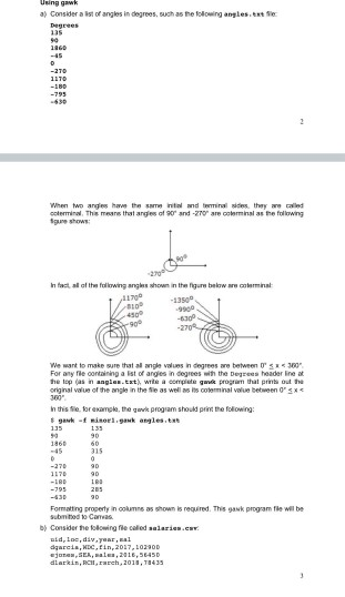 Using gawk a) Consider a list of angles in degrees, | Chegg.com