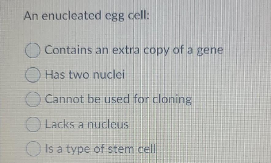 Solved An enucleated egg cell: Contains an extra copy of a | Chegg.com