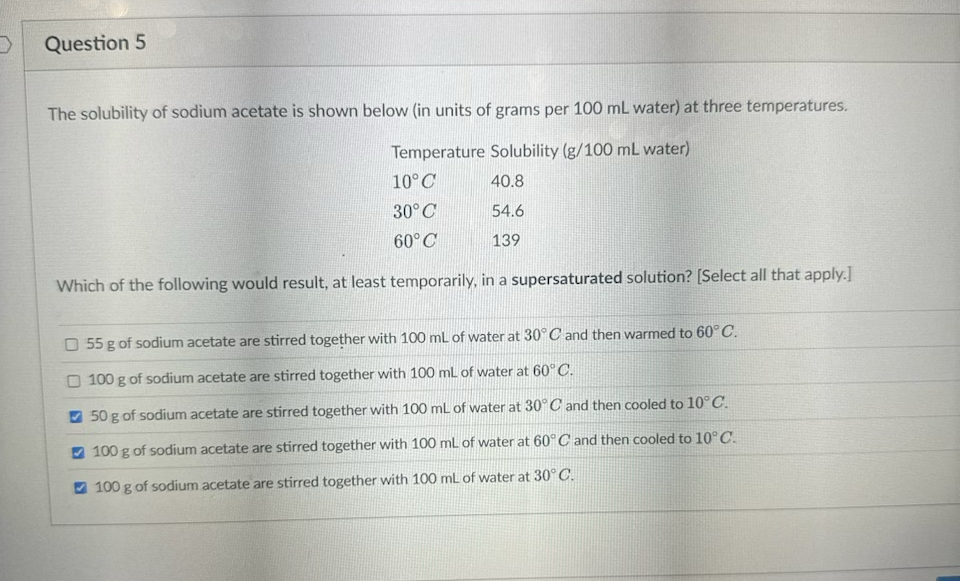 Solved Question 5The solubility of sodium acetate is shown | Chegg.com
