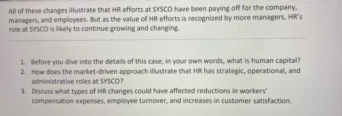Solved Case: HR Contributes at SYSCO Many people in the | Chegg.com