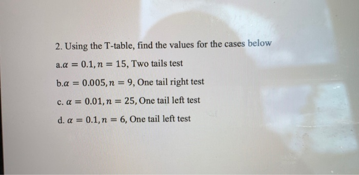 Solved 2. Using the T-table, find the values for the cases | Chegg.com