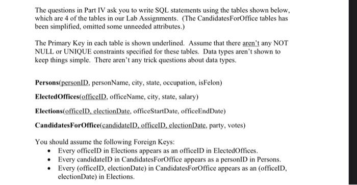 Solved The questions in Part IV ask you to write SQL | Chegg.com