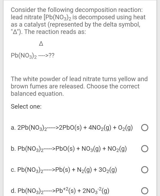 Solved Consider the following decomposition reaction: lead | Chegg.com