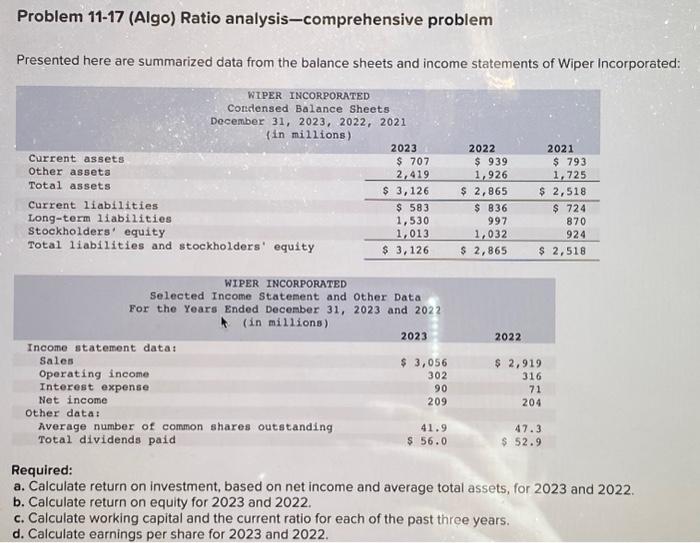Solved Problem 11-17 (Algo) Ratio analysis-comprehensive | Chegg.com
