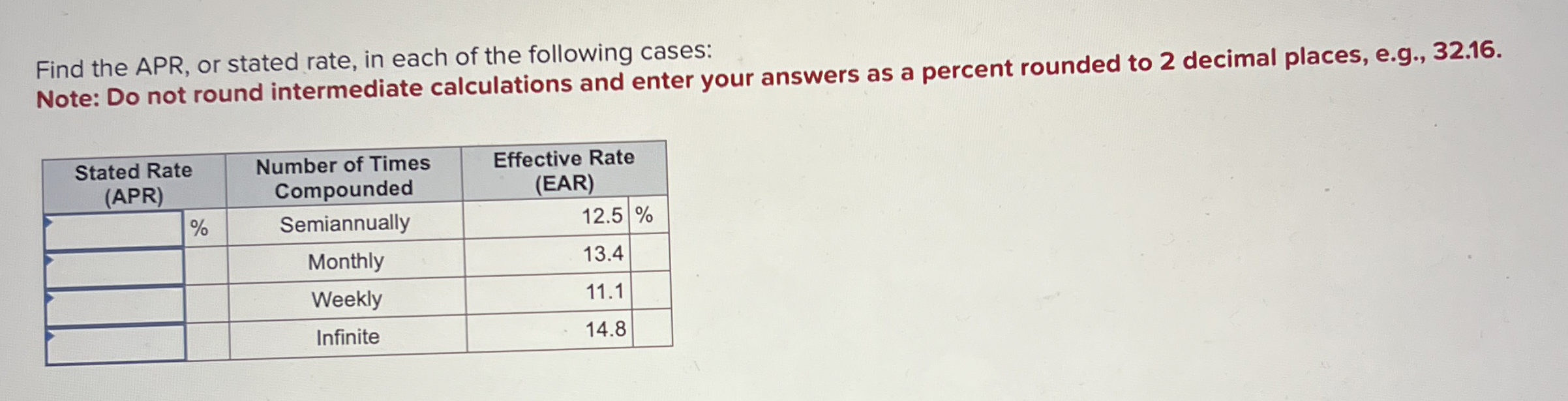Solved Find the APR, or stated rate, in each of the | Chegg.com