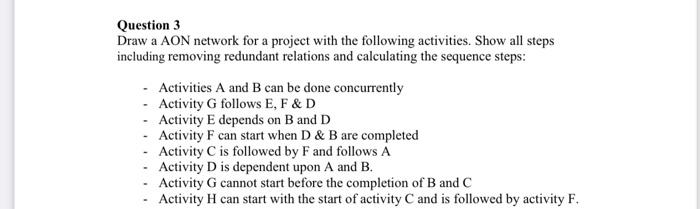 Solved Question 3 Draw A Aon Network For A Project With The