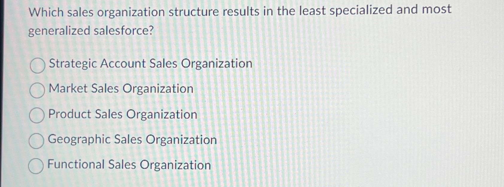 Solved Which sales organization structure results in the | Chegg.com