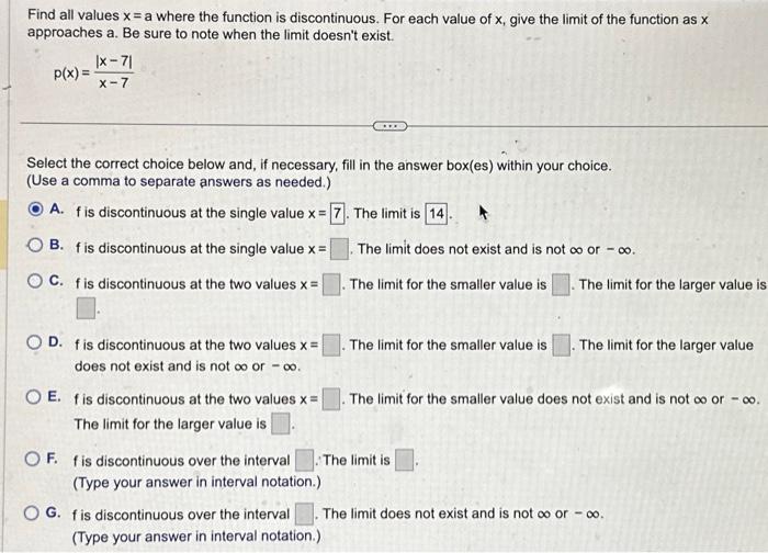 Solved Find all values x=a where the function is | Chegg.com