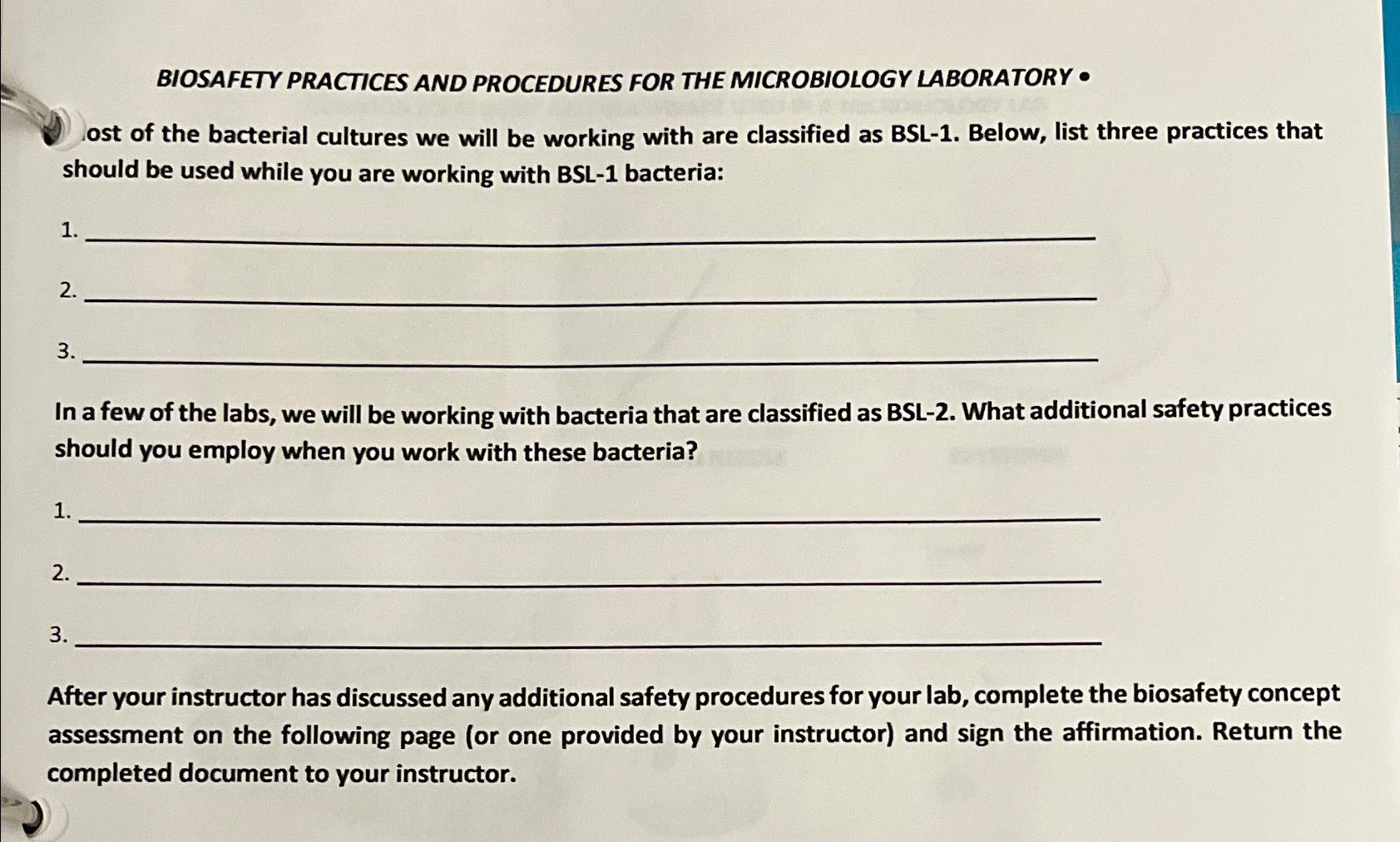 Solved BIOSAFETY PRACTICES AND PROCEDURES FOR THE | Chegg.com