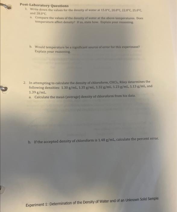 Solved Post-Laboratory Questlons 1. Write down the values | Chegg.com