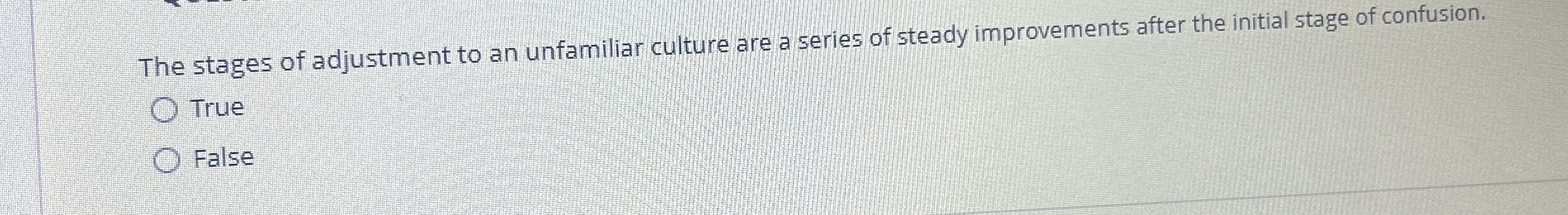 Solved The stages of adjustment to an unfamiliar culture are | Chegg.com