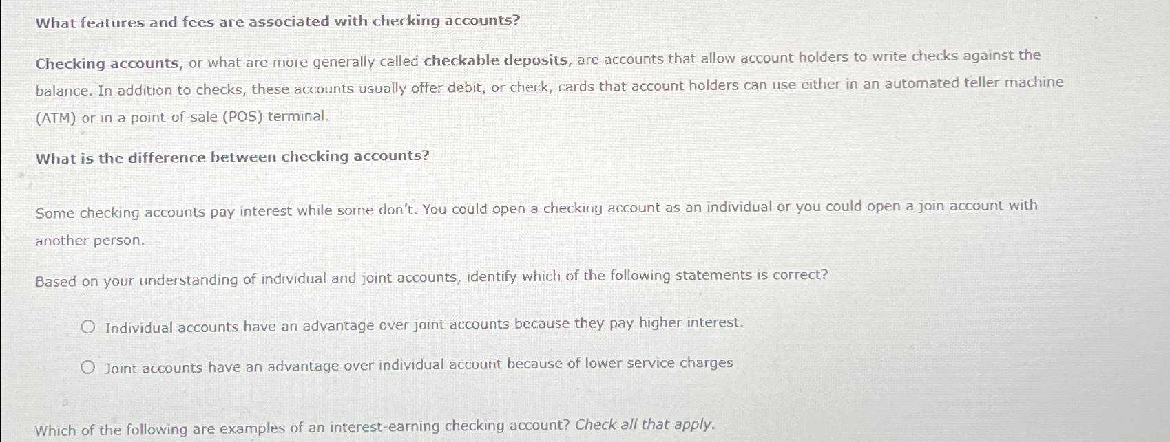 Solved What features and fees are associated with checking | Chegg.com