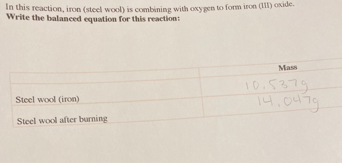 Solved In this reaction, iron (steel wool) is combining with | Chegg.com