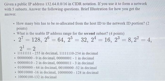 Solved Given a public IP address 132.64.0.0/16 in CIDR | Chegg.com