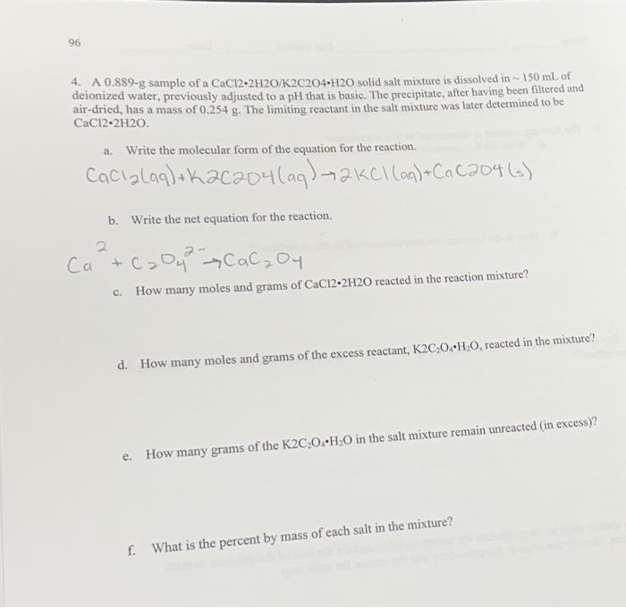 Solved 96 4. A 0.889−g sample of a CaCl2⋅2H2O/K2C2O4⋅H2O | Chegg.com
