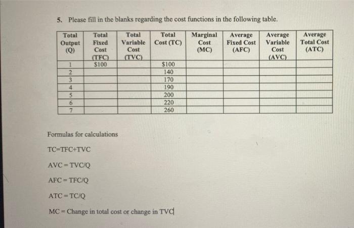 Solved 5. Please fill in the blanks regarding the cost | Chegg.com