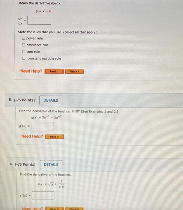 Solved Obtain the derivative dy/dx. yx-6 dy dx State the | Chegg.com