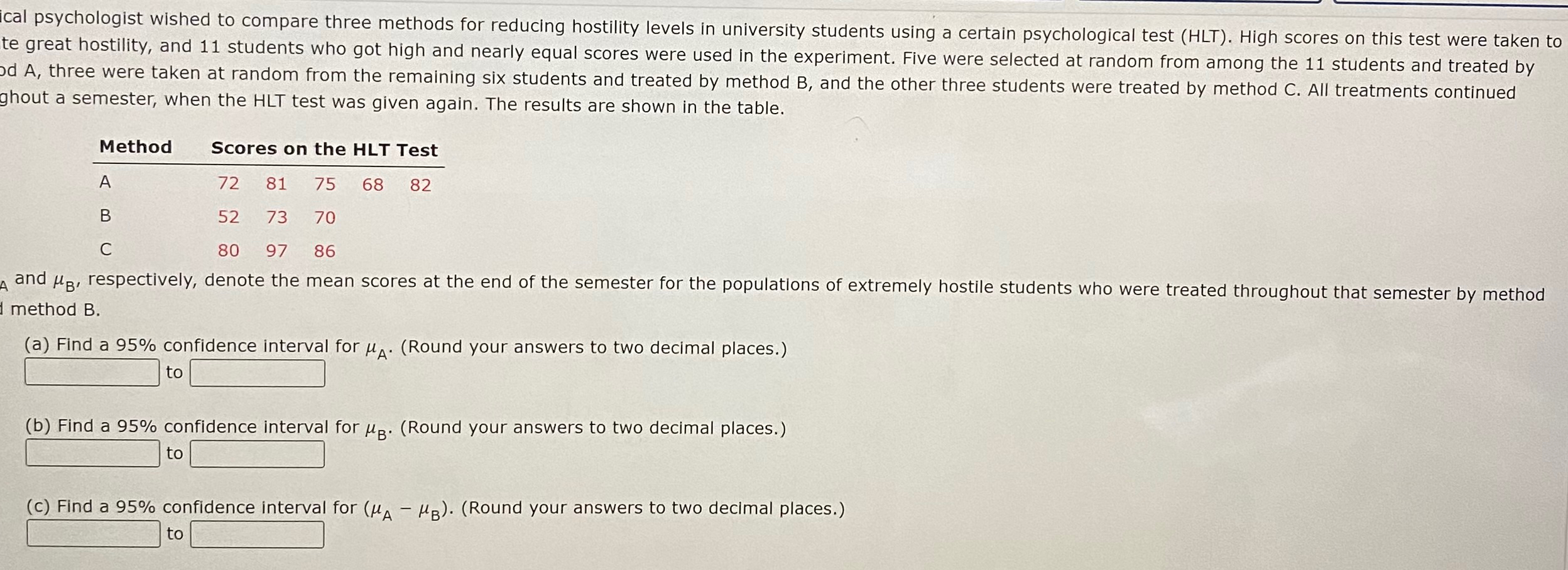 Solved ical psychologist wished to compare three methods for | Chegg.com