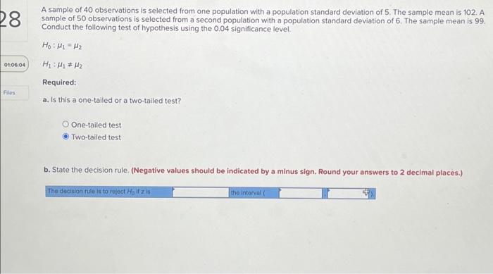 Solved A sample of 40 observations is selected from one | Chegg.com