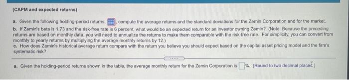 Solved (CAPM and expected returns) a. Given the following | Chegg.com
