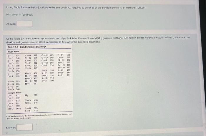 Solved Using Table 9.4 (seo beiow), calculate the energy (n | Chegg.com