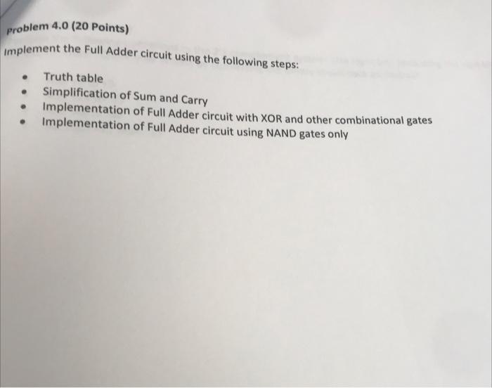 Solved problem 4.0 (20 Points) implement the Full Adder | Chegg.com
