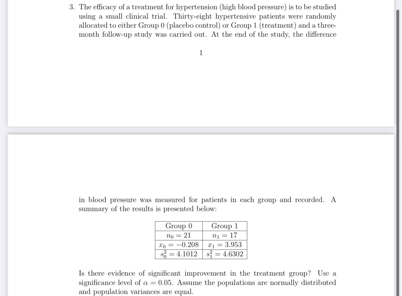 Solved The efficacy of a treatment for hypertension (high | Chegg.com