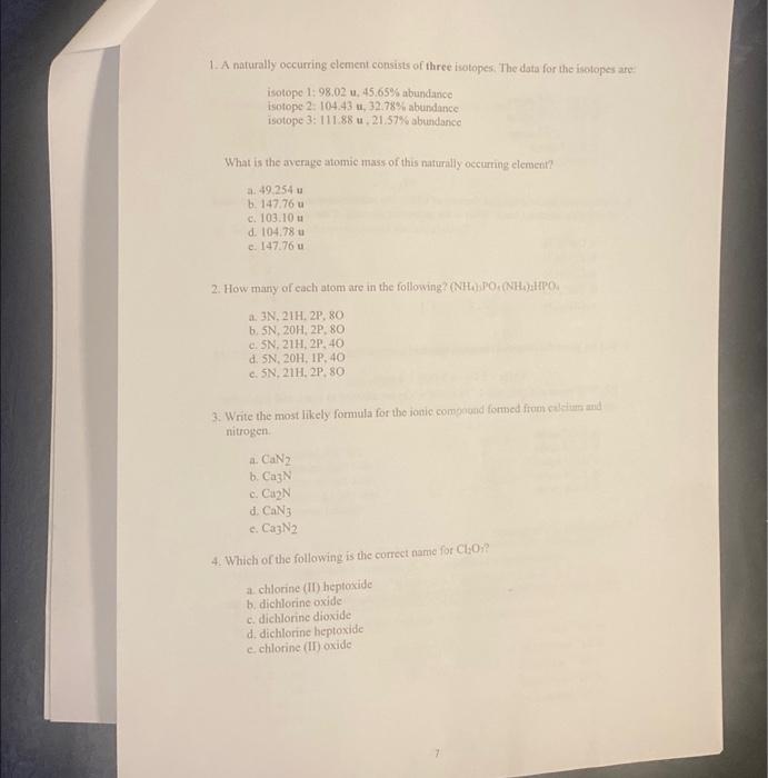 Solved 1. A naturally occurring element consists of three | Chegg.com