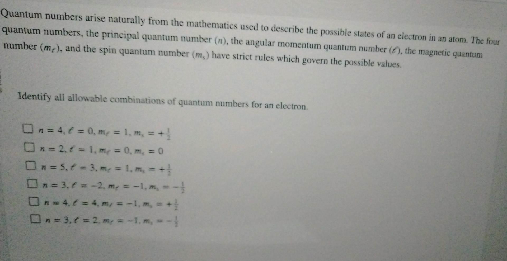 Solved what are all of the allowable combinations of quantum | Chegg.com