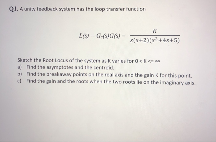 Solved Q1. A unity feedback system has the loop transfer | Chegg.com