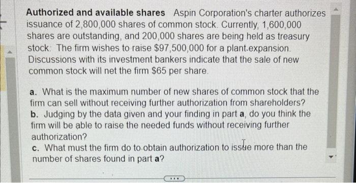 Solved Authorized and available shares Aspin Corporation's | Chegg.com