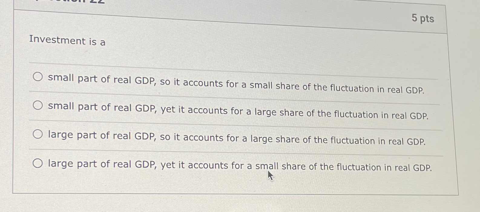 Solved 5 ﻿ptsInvestment is asmall part of real GDP, ﻿so it | Chegg.com
