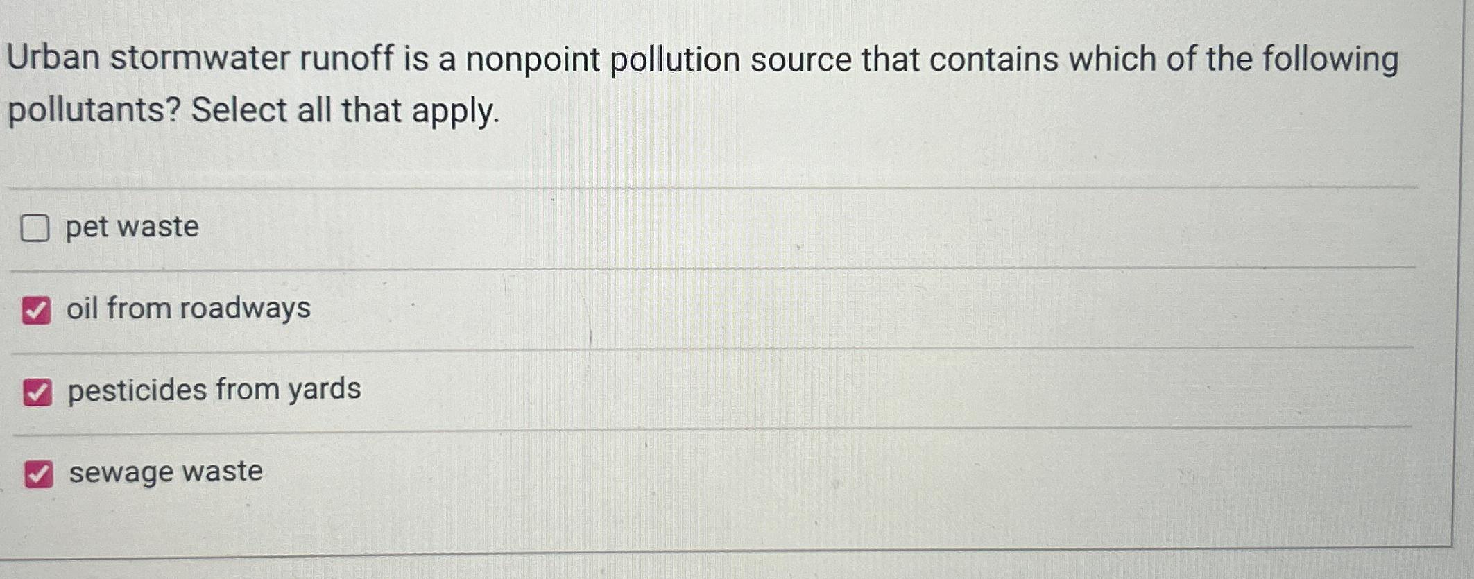Solved Urban stormwater runoff is a nonpoint pollution | Chegg.com
