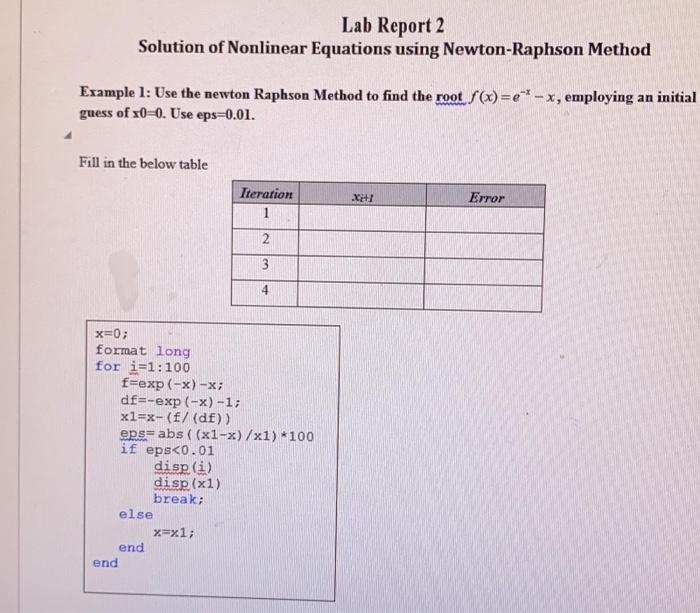 Solved Lab Report 2 Solution of Nonlinear Equations using | Chegg.com
