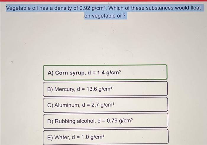 Solved Vegetable oil has a density of 0.92 g/cm³. Which of | Chegg.com