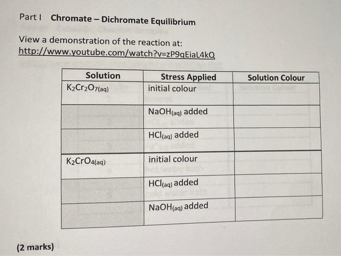 Solved Part I Chromate - Dichromate Equilibrium - View a | Chegg.com