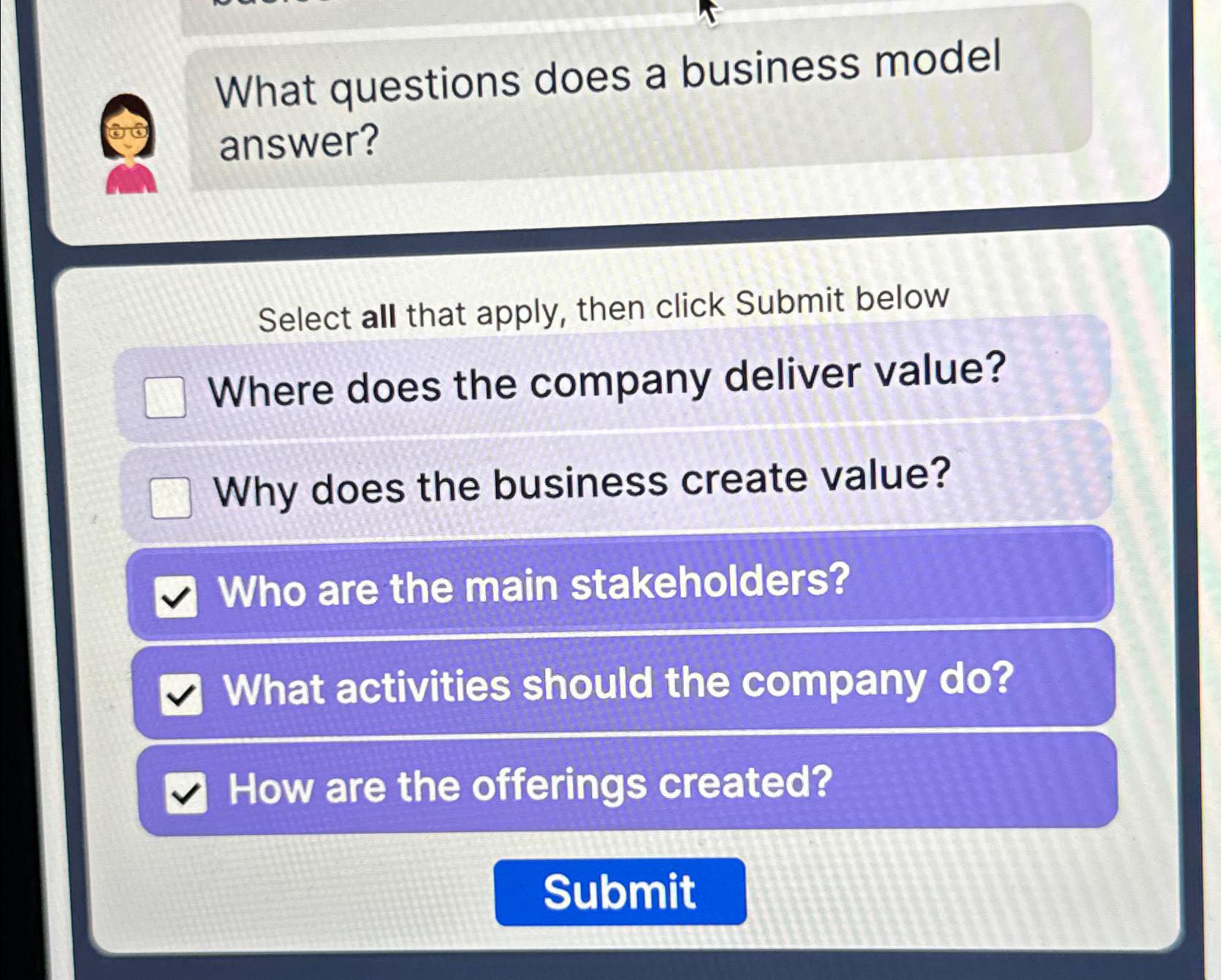 Solved What questions does a business model answer?Select | Chegg.com