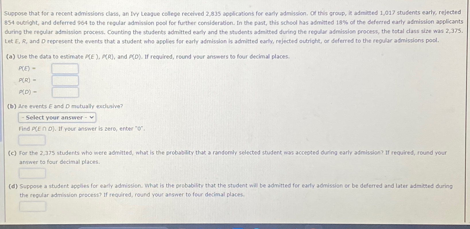 Solved Suppose that for a recent admissions class, an Ivy | Chegg.com