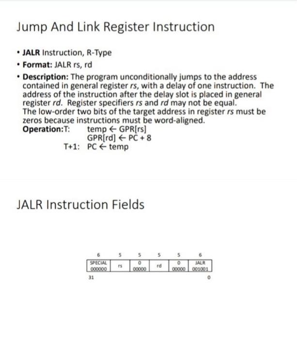 Fill the following table for the instruction Jalr If | Chegg.com
