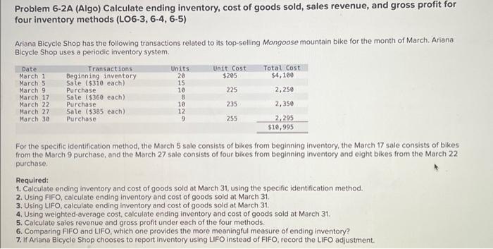 Solved Problem 6-2A (Algo) Calculate ending inventory, cost | Chegg.com