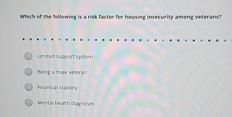 Solved Which of the following is a risk factor for housing | Chegg.com