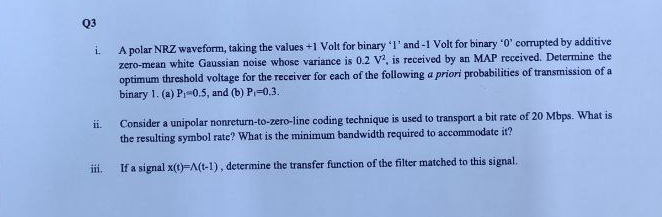 Solved Q3i. ﻿A polar NRZ waveform, taking the values +1 | Chegg.com