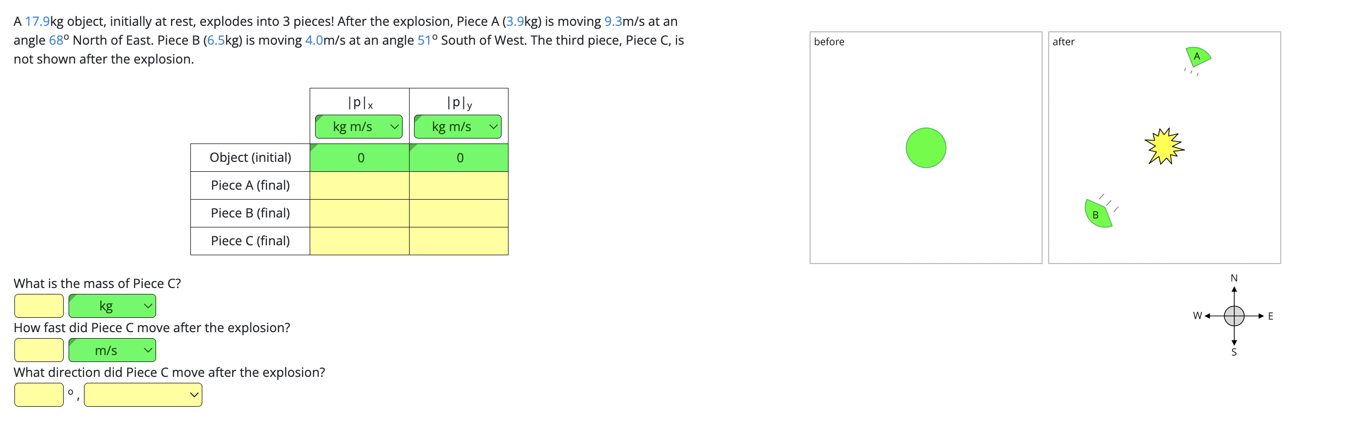 Solved A 17.9kg ﻿object, initially at rest, explodes into 3 | Chegg.com