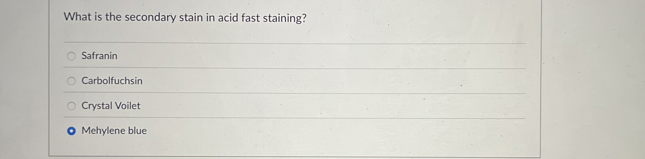 Solved What is the secondary stain in acid fast | Chegg.com