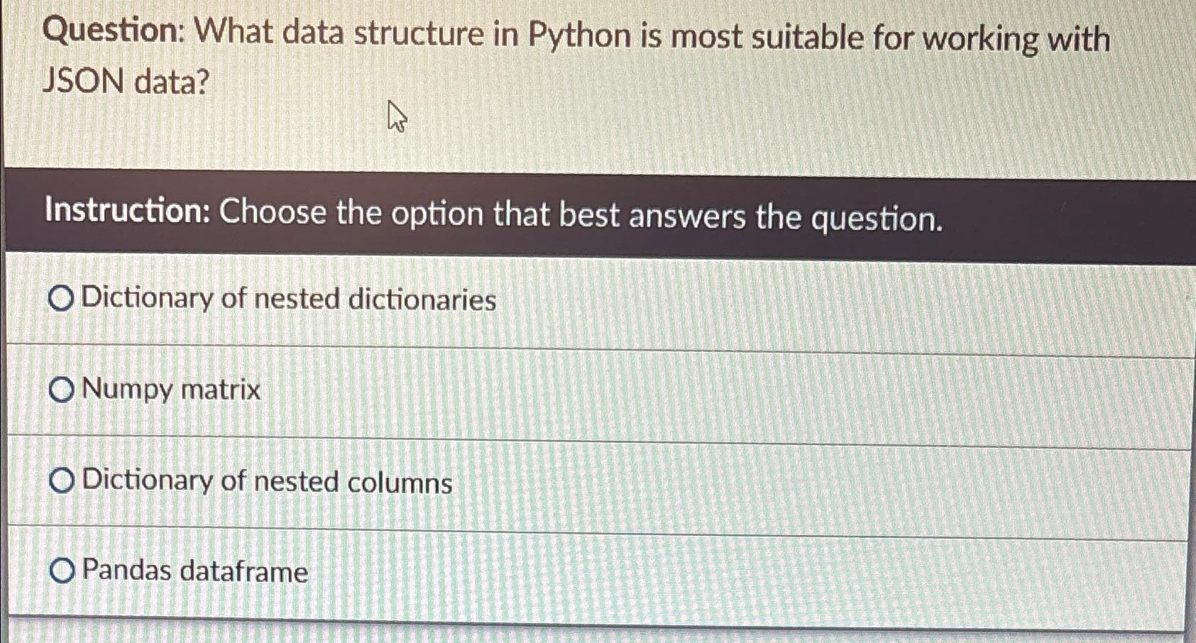 Solved Question: What data structure in Python is most | Chegg.com