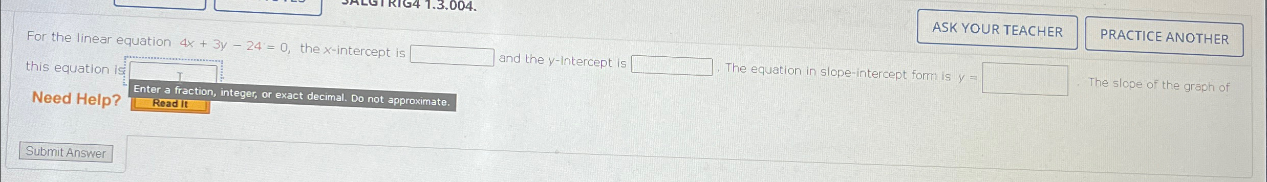 Solved For The Linear Equation 4x 3y 24 0 ﻿the X Intercept