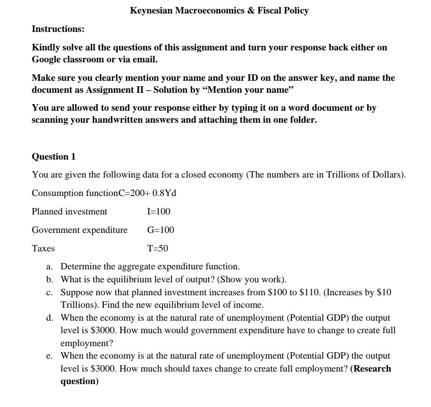 Solved Keynesian Macroeconomics & Fiscal Policy | Chegg.com