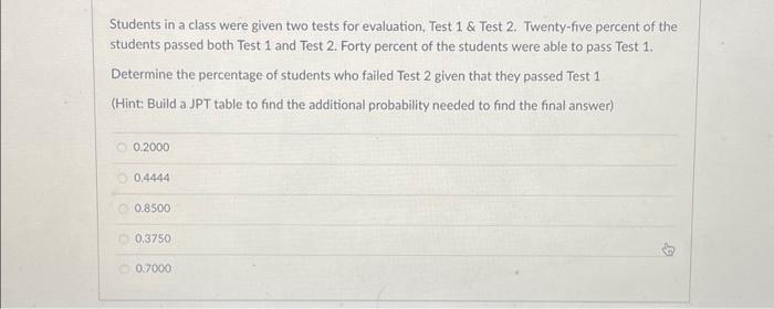Solved Students in a class were given two tests for | Chegg.com