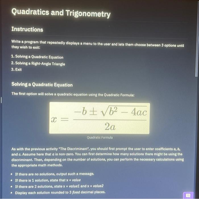 Solved Quadratics and Trigonometry Instructions Write a | Chegg.com